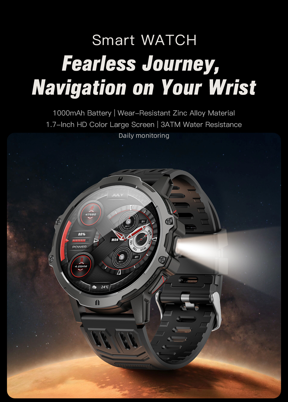 LIGE Smart Watch Bluetooth Call 1.7inch Monitor Flashlight Health ...