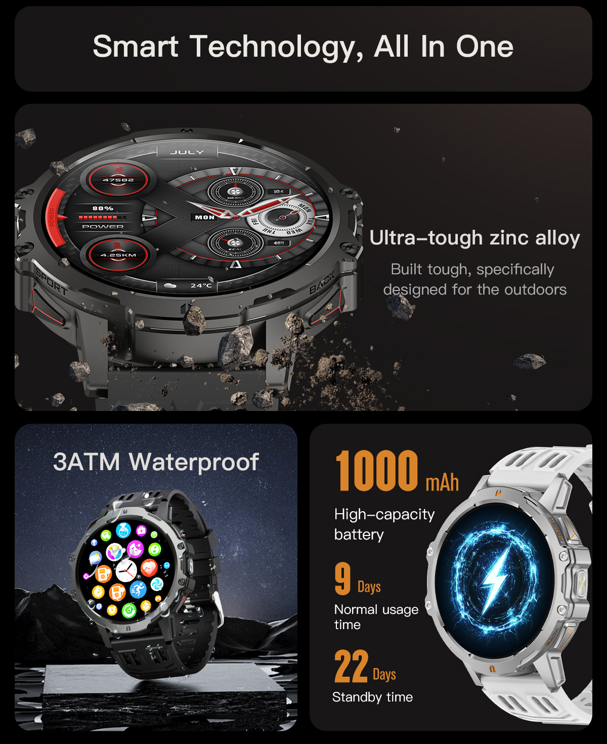 LIGE Smart Watch Bluetooth Call 1.7inch Monitor Flashlight Health ...