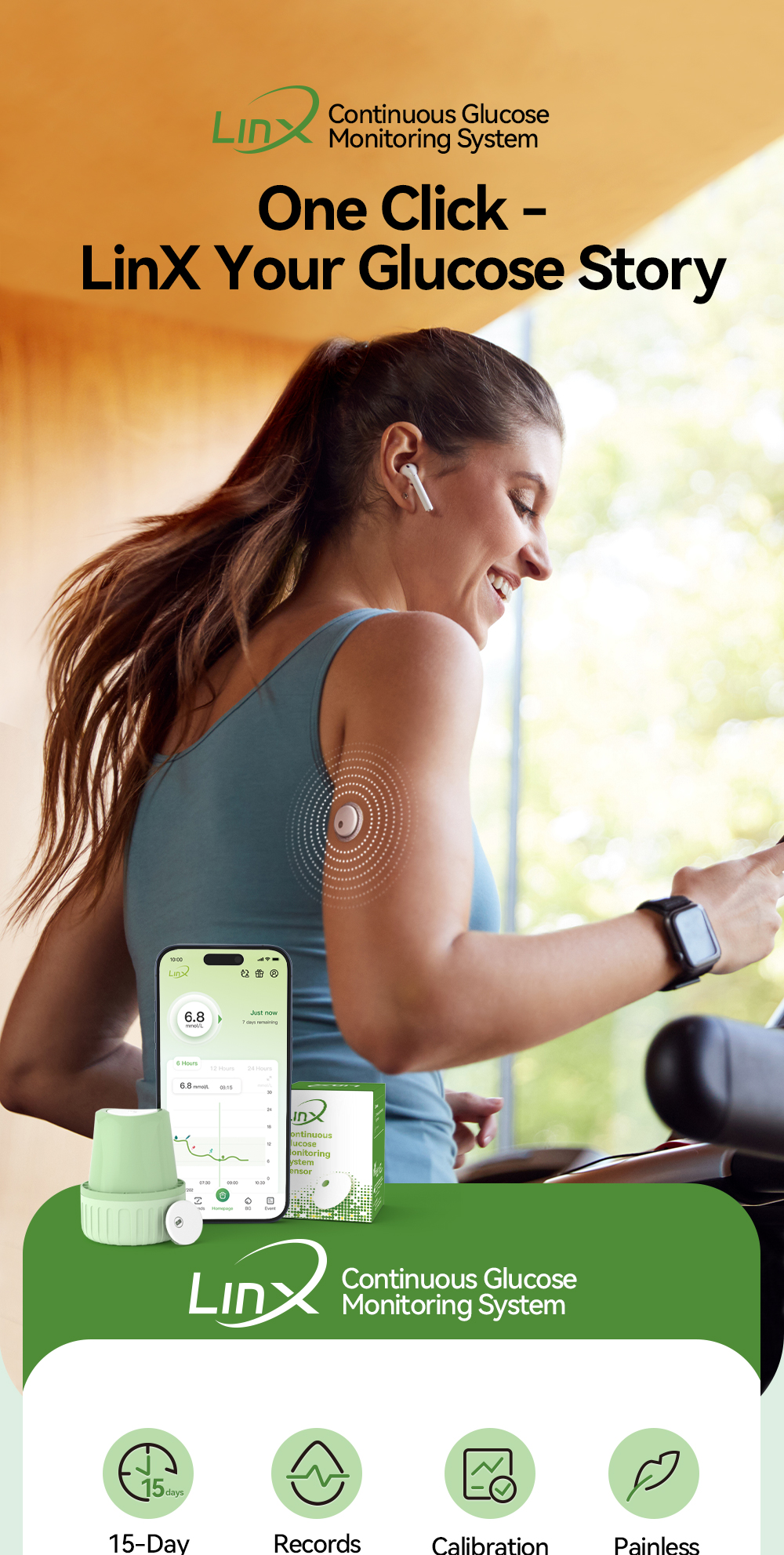 LinX CGM Continuous Glucose Monitor System 24h Real-time Blood Sugar ...