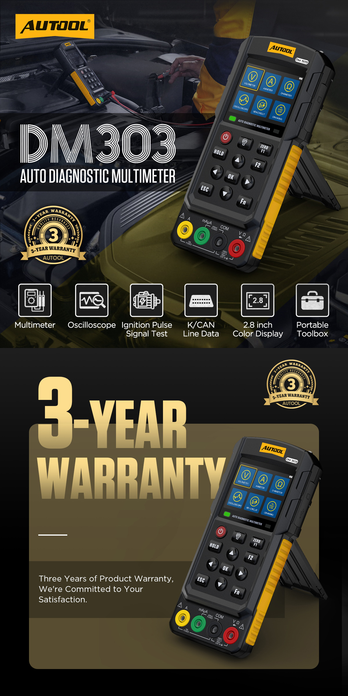 AUTOOL DM303 Automotive Diagnostic Multimeter Voltage Measurement ...