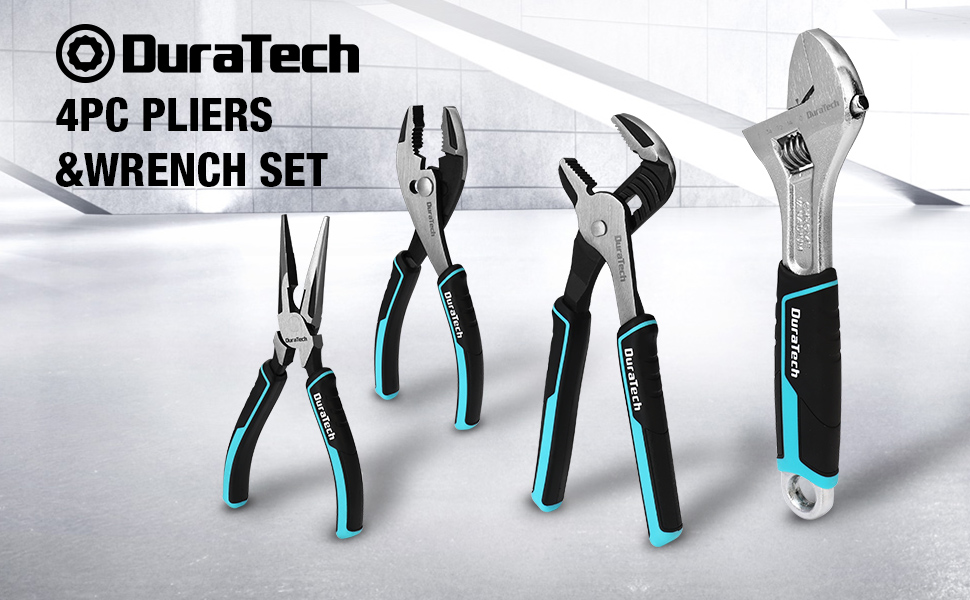 Duratech 4-Piece Pliers and Adjustable Wrench Set, Heavy-Duty Hand Tool ...