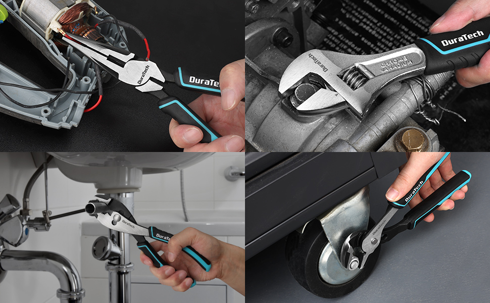 Duratech 4-Piece Pliers and Adjustable Wrench Set, Heavy-Duty Hand Tool ...