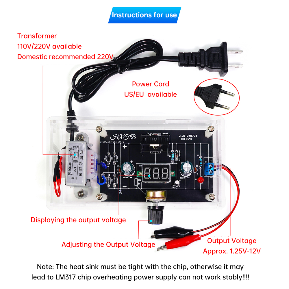 Pcbfun LM317 Adjustable Power Supply DIY Kit DC Regulated Power Supply ...