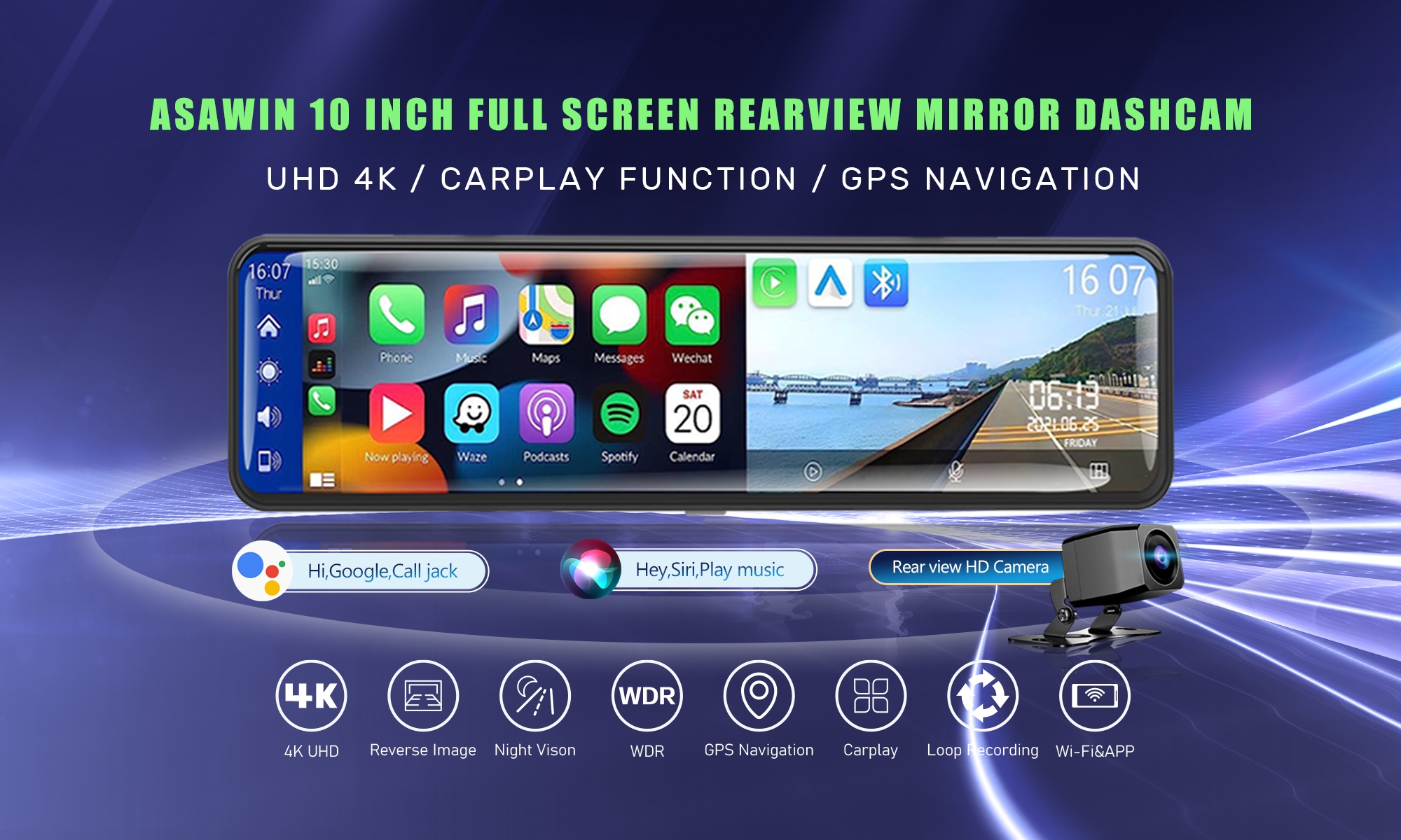 Asawin Carplay 4K Mirror Dash Cam WIFI Android Apple Voice Control ...