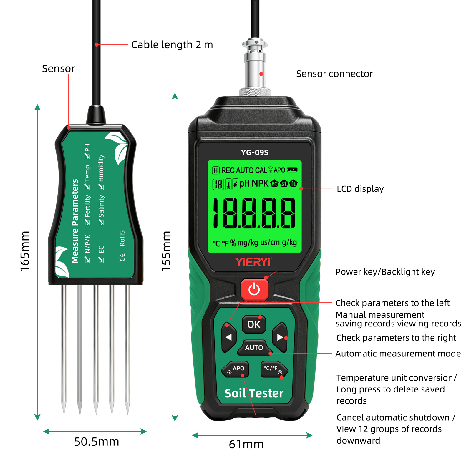 YAGO YG-09S 9-in-1 Soil Tester NPK/PH/EC/Temp/Humidity/Salinity ...
