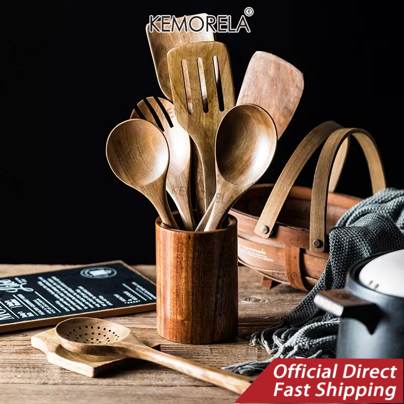 KEMORELA 9PCS Wooden Cooking Utensils Spoons For Cooking Smooth Finish ...