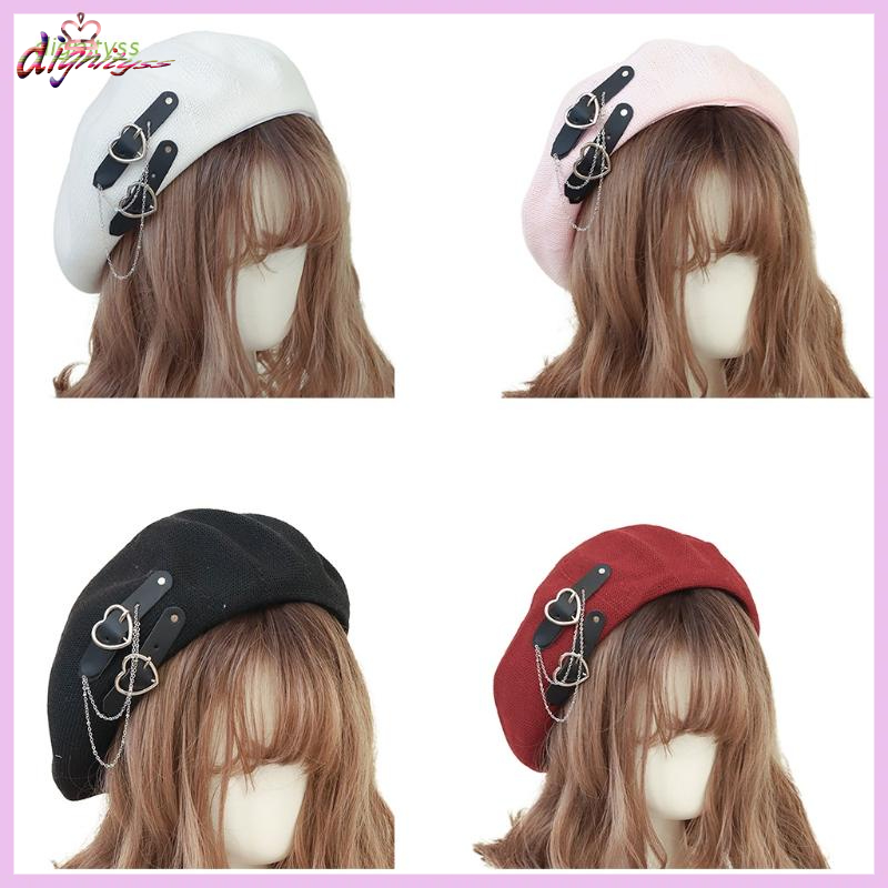 dignityss Sweet Cool Lolita Beret Girls Heart Buckle Beret Hat JK Hat ...