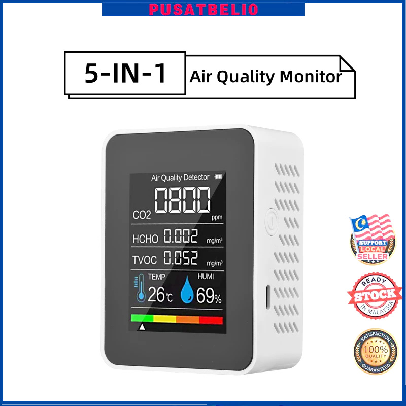 💥Selangor In Stock💥Portable Air Quality Monitor Indoor CO2 Detector 5 in 1 Formaldehyde HCHO ...