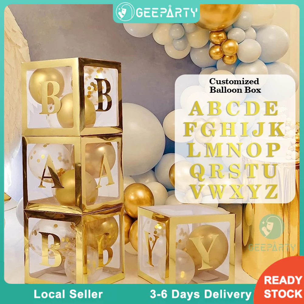 GeeParty 30*30cm DIY A-Z Gold Transparent Balloon Box Customize Name ...