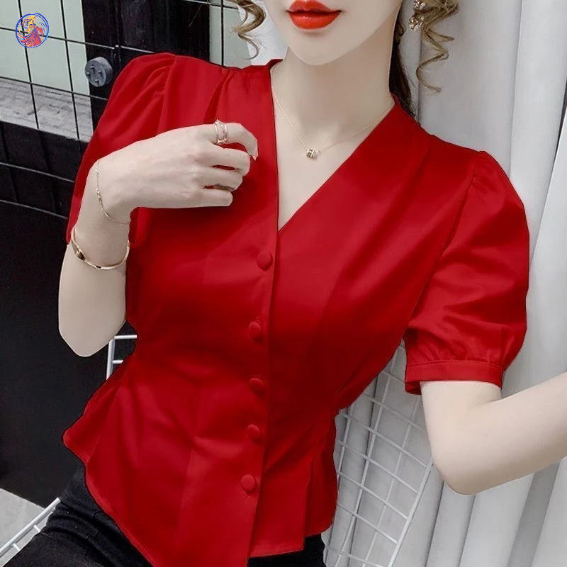 French Summer New Style Irregular Short Sleeved Chiffon Shirt