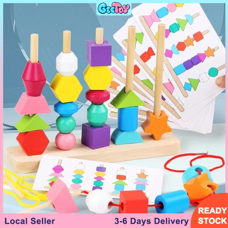 GeeToy Educational Toys Wooden Lacing and Sequencing Beads Set Color ...