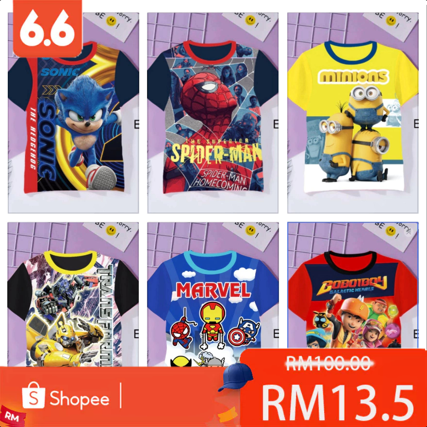 2024 New Baju Ailubee Boy Sonic T-shirt Spiderman Minion Transformer ...