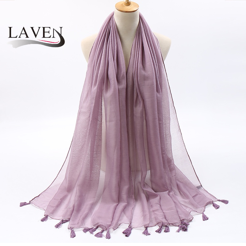 LAVEN Voile Scarf Solid Color Balinese Long Scarf Ladies Tassel All ...