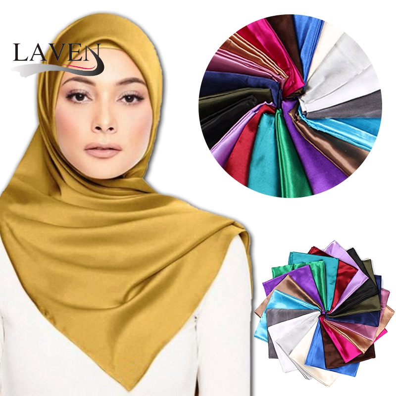 LAVEN Solid Color Bubble Satin Silk Hijab Square Scarf Muslim Headscarf ...