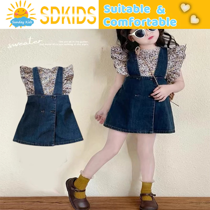 Fresh Girl’s Denim Overall Set, Korean Style with High-Low Floral Shirt ...