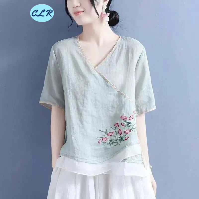 Cotton Linen Shirt Women Short-Sleeved Top Color-Blocking Diagonal ...