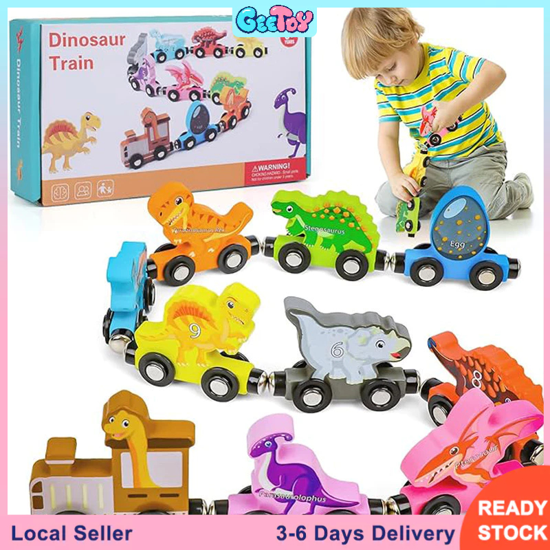 GeeToy Magnetic Wooden Colorful Dinosaur Number Train Set Building ...