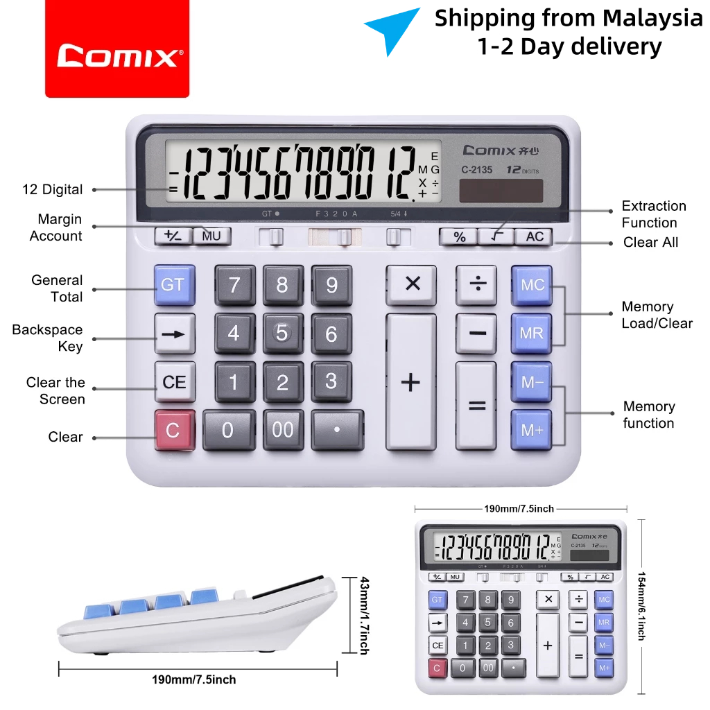 (READY STOCK)Comix 12 DIGITS Large Display Calculator Dual Power ...