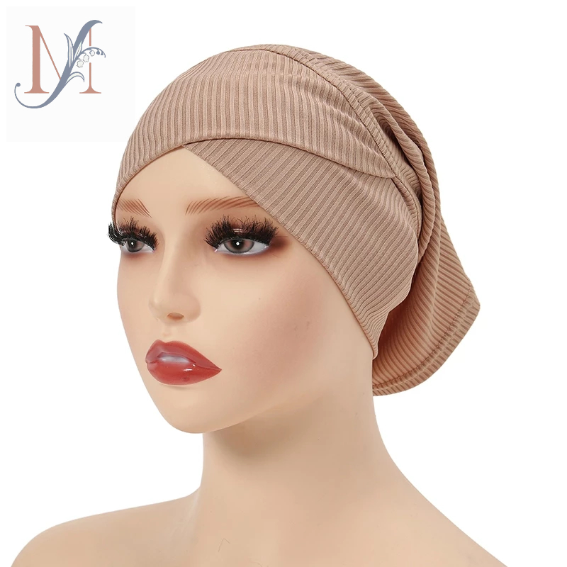 LMLAVEN Plain Front Cross Inner Hijab Turban Stripe Elastic Instant Hijab Bonnet Muslim Women ...