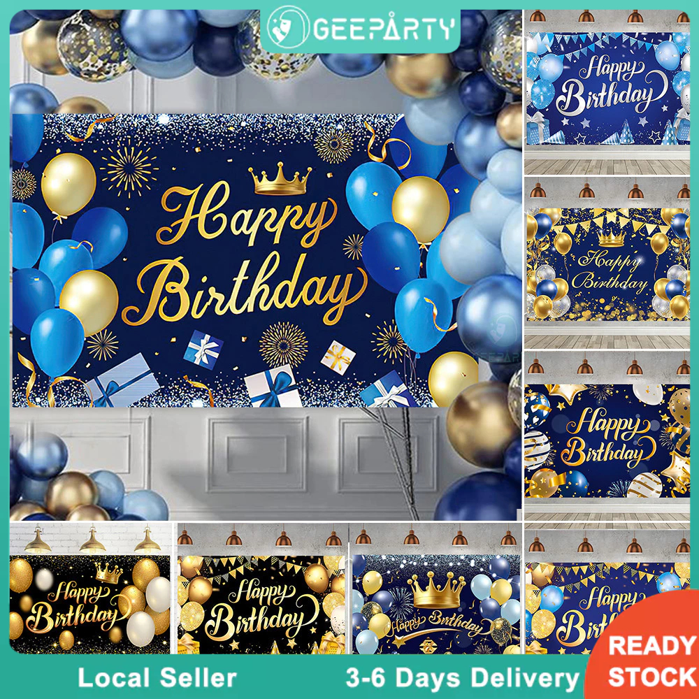 GeeParty 150*100CM Black Blue Gold Happy Birthday Backdrop for Birthday Party Background Decor ...