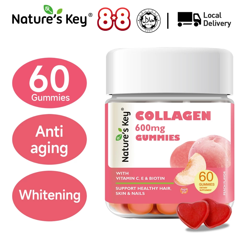 Nature's Key Collagen Gummies 600mg Type I & III Collagen Biotin Skin ...
