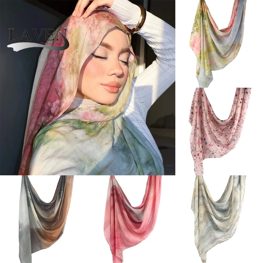 LAVEN Tie-dye Colorful Painting Cotton Voile Shawl Long Pashmina Shawl ...