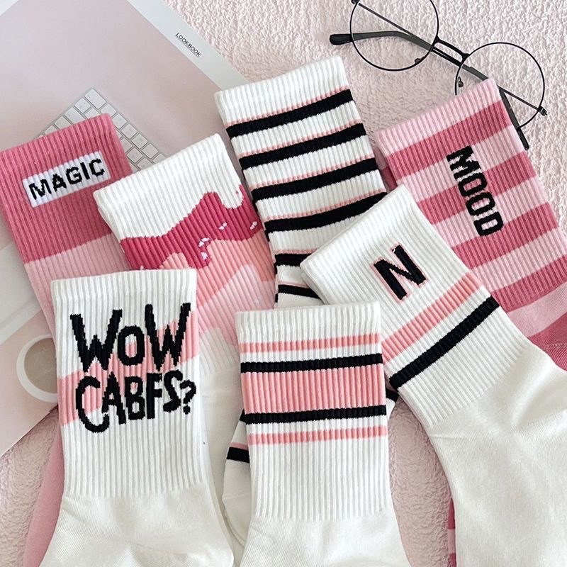 Ladies Pink Letters Preppy Style Mid-Tube Socks Casual Sports Cute Wear ...
