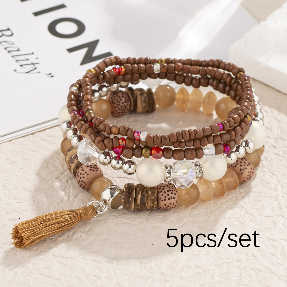 5pc/set Bohemian Multi-Layer Rice Beads Tassel Bodhi Bracelet Fashion Multi-Layer All-Match Bead ...