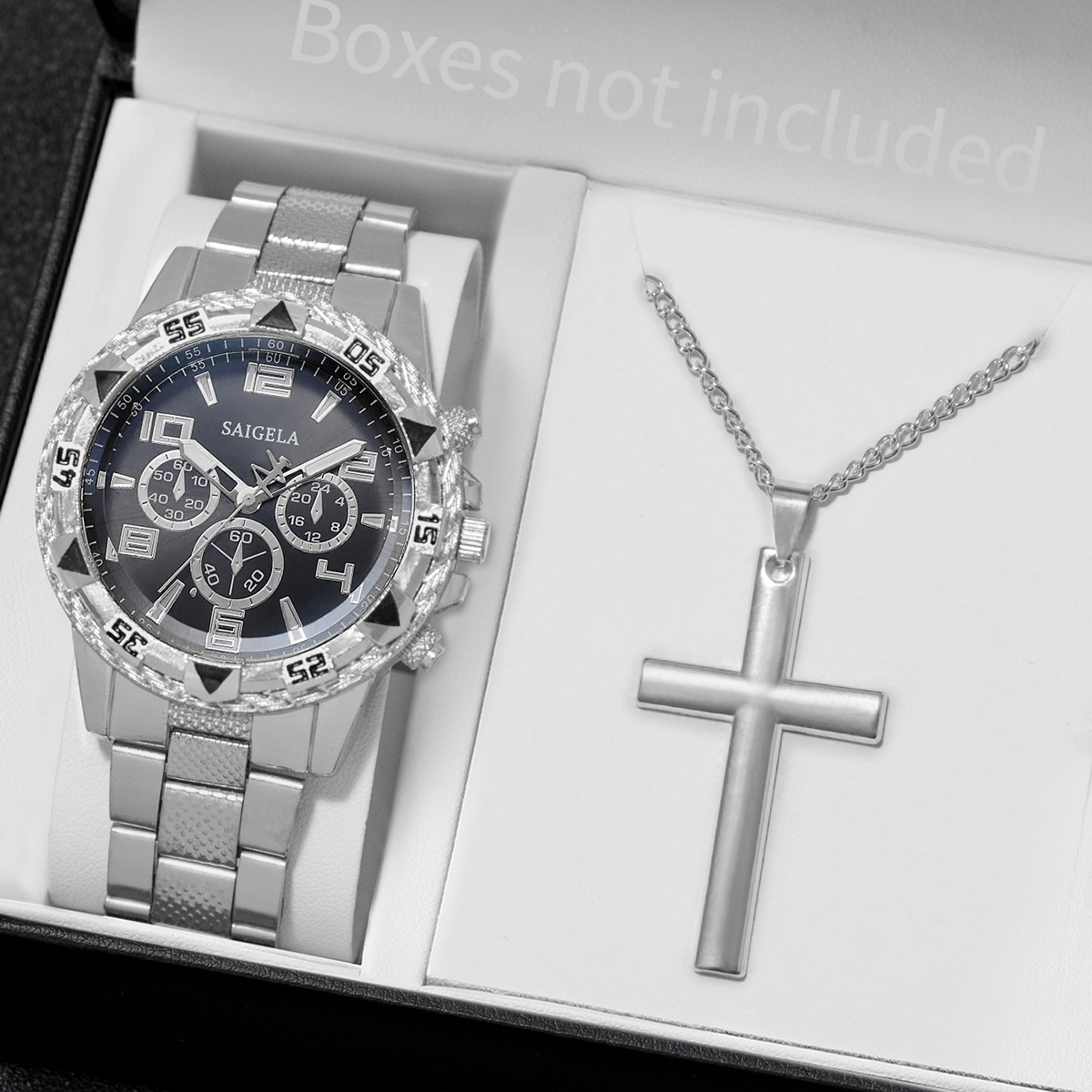 Men's Watch Men's Steel Band Business Watch+Cross Necklace Set | Shopee ...