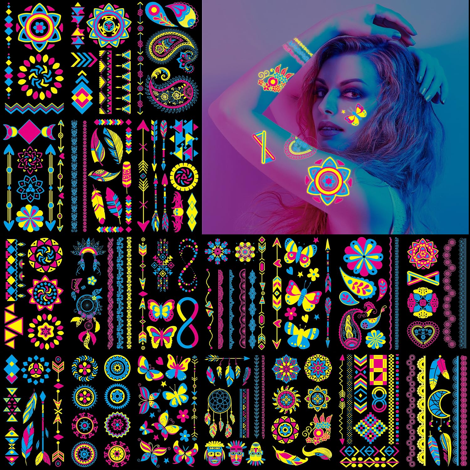 20 Sheet Luminous Fluorescent Tattoos Under UV Neon Blacklight, Glow in ...
