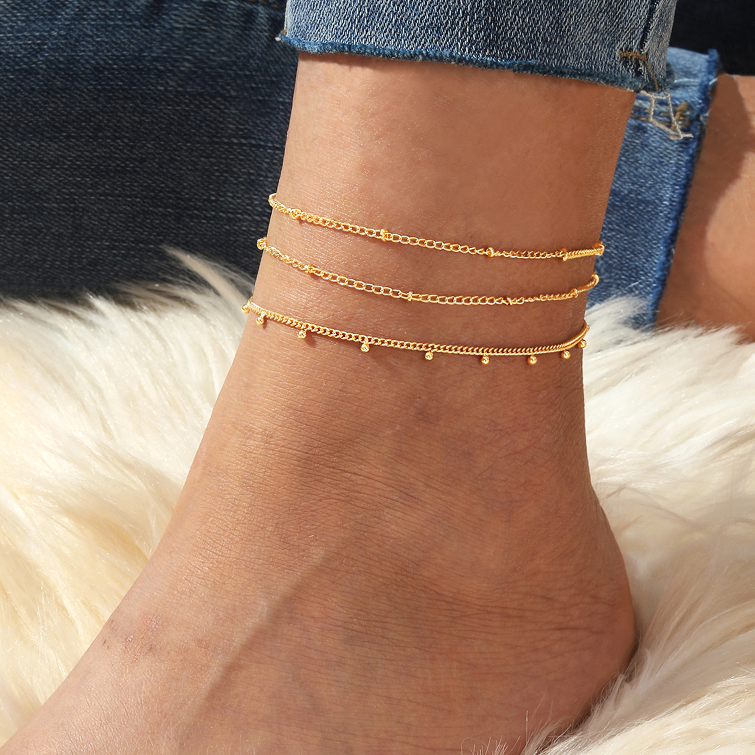 Korean Fashion Ball Bead Chain Anklet 3-Piece Set Simple Couple Jewelry ...