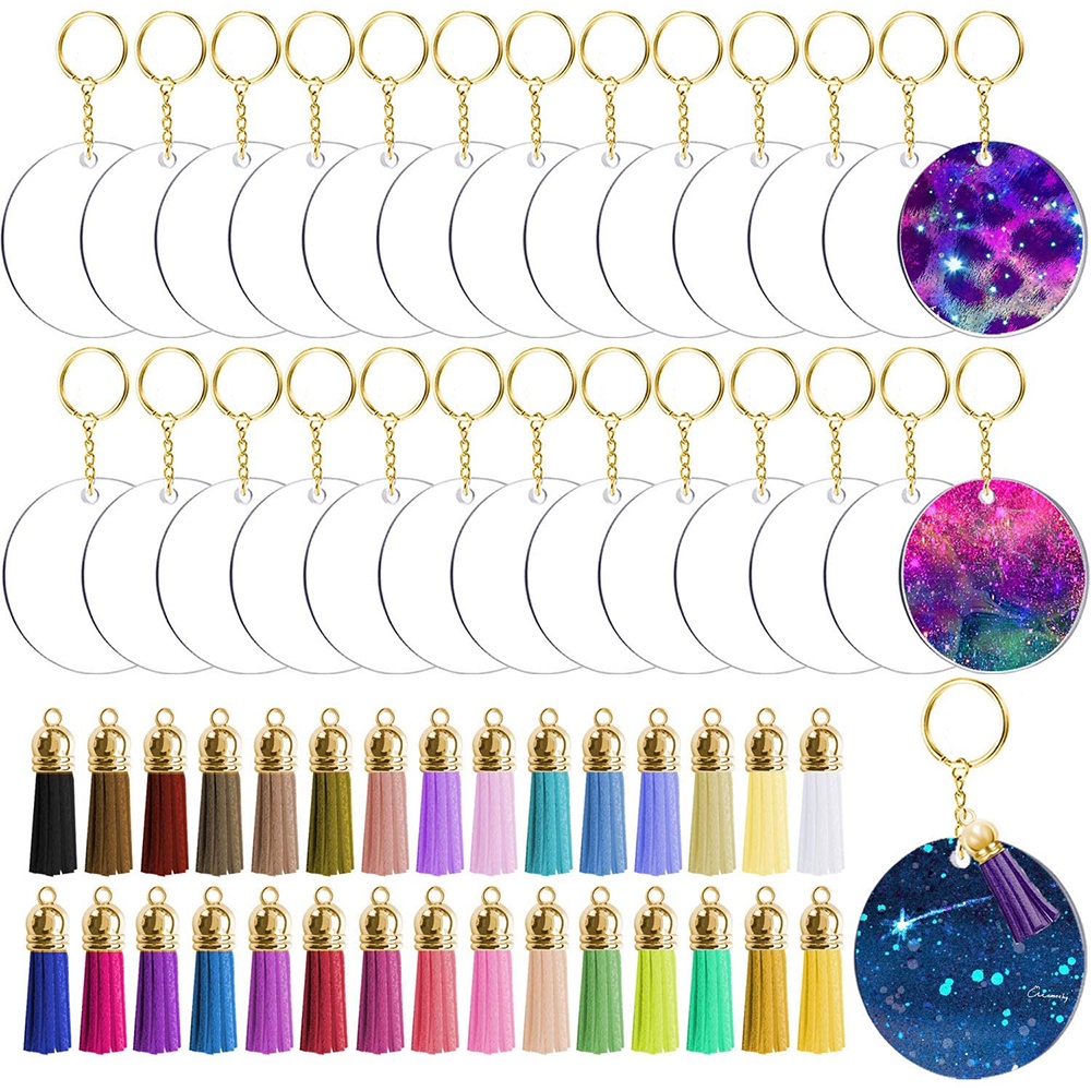 120PCS Acrylic Clear Round Disc Keychain Set Blank Leather Tassel ...
