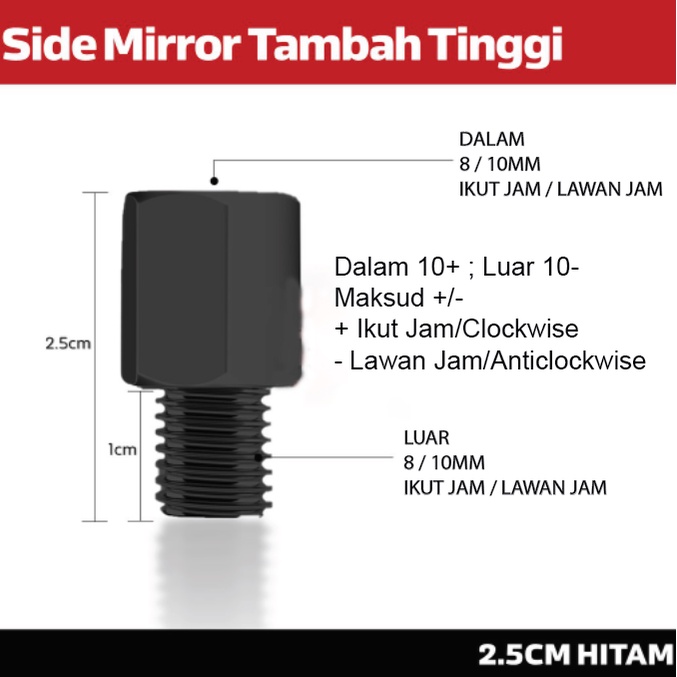 (1PCS）2.5CM Side Mirror Screw Skru Tambah Tinggi Adapter Warna Silver ...