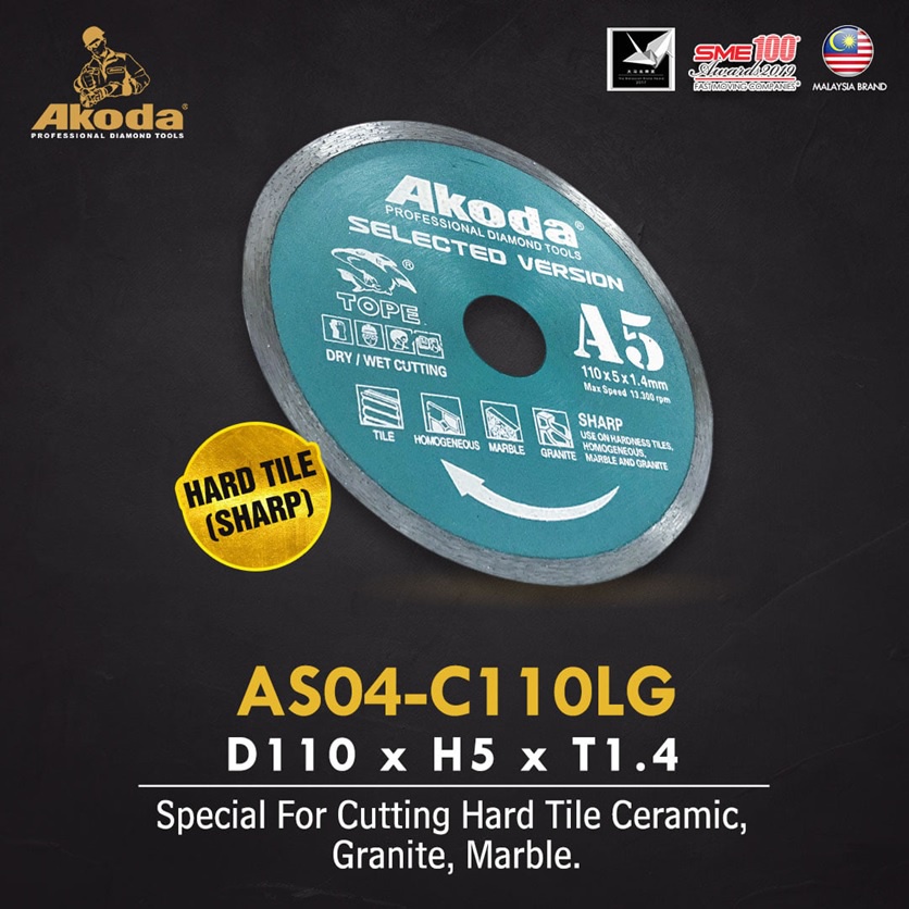 Akoda 4"/110mm (Dry / Wet) A5 Diamond Saw Blade / Cutting Disc For Hard Tiles & Ceramic (Sharp ...