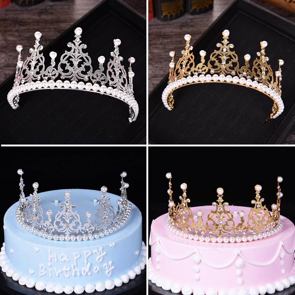 Gold/Silver Shiny Pearl Crown Cake Topping Metal Crown Wedding Cake ...