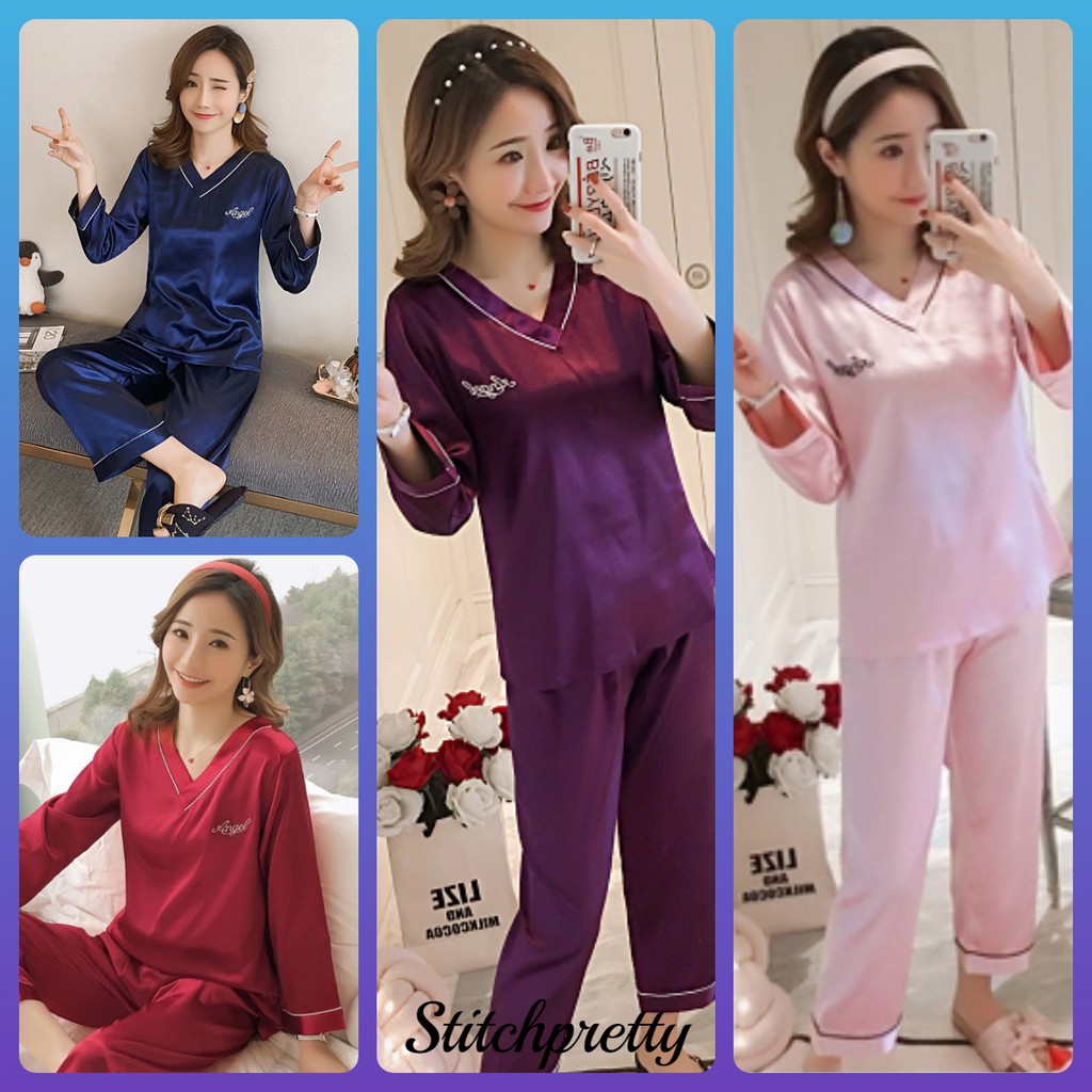 TCWK Ready Stock Malaysia Women Pyjamas Satin Suit Long Sleeve Long ...