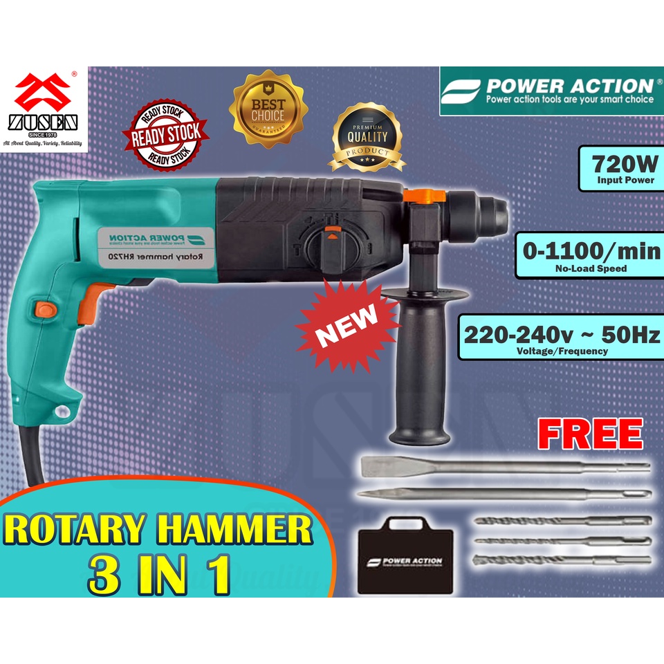 POWER ACTION 3 IN 1 Rotary Hammer Drill- RH720 | Shopee Malaysia