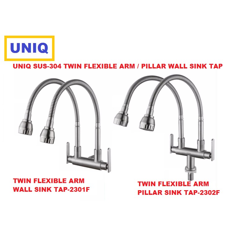 UNIQ SUS-304 TWIN FLEXIBLE ARM WALL SINK TAP-2301F / PILLAR SINK TAP ...