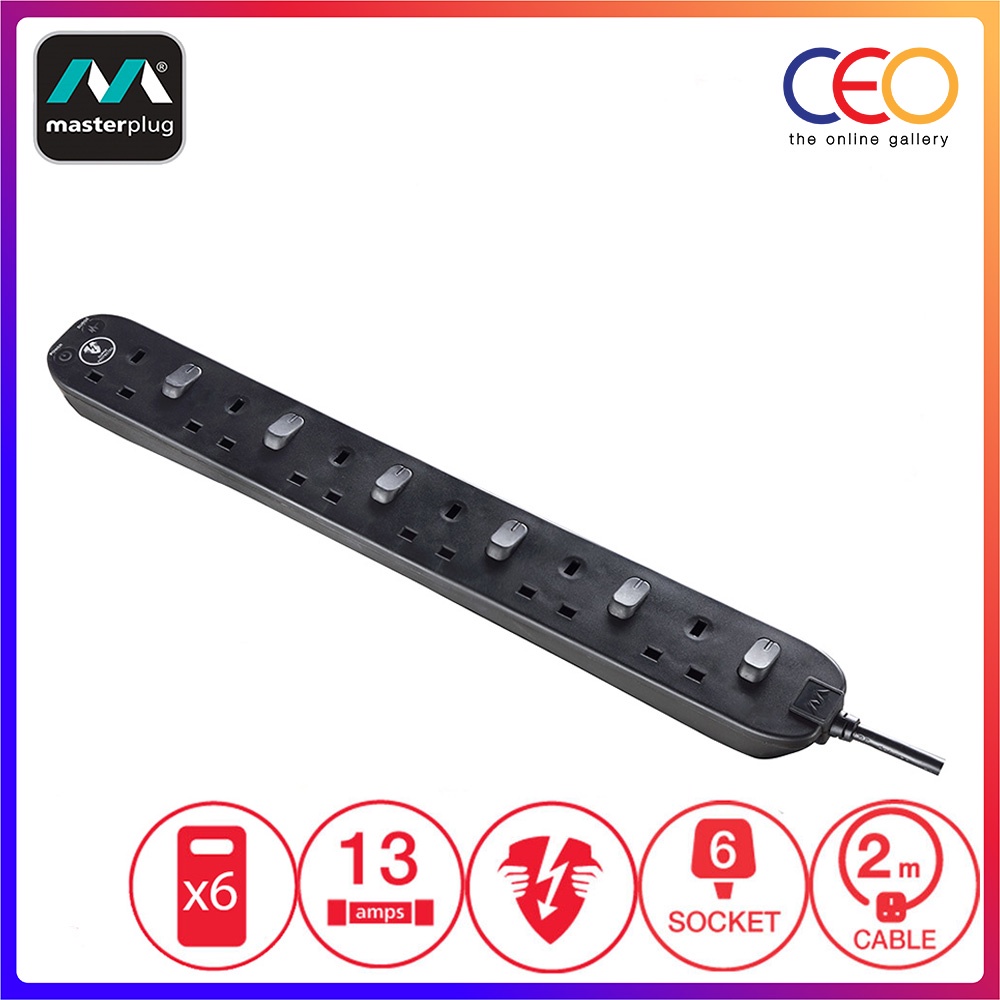 Masterplug Surge Protector 6 Gang 2 Meter Switched Extension Leads ...