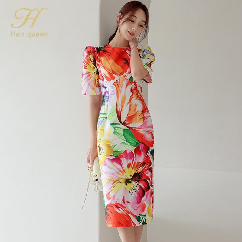 H Han Queen Sexy Women Boho Print Dress knee-length New 2022 Summer ...