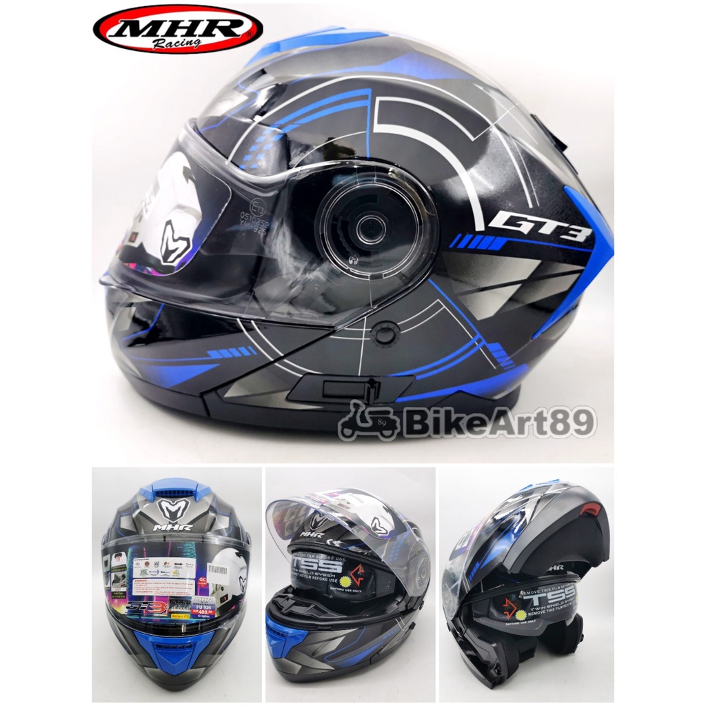 MHR FU926 Racing Full Face Helmet Black Blue Double Visor Flip Up Ninja ...