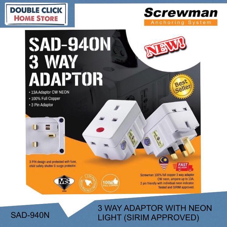 Screwman 3 Way Adapter Extension 13A LED Neon Adapter UK Type 3 Pin ...