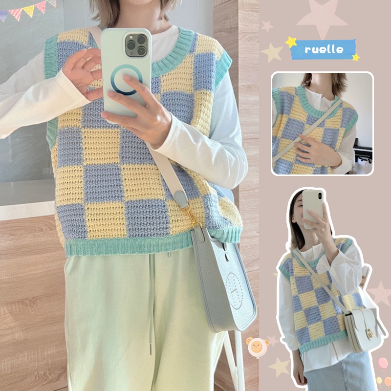 Knitted Vest Contrast Check Women's New Loose Short Vest | Shopee Malaysia
