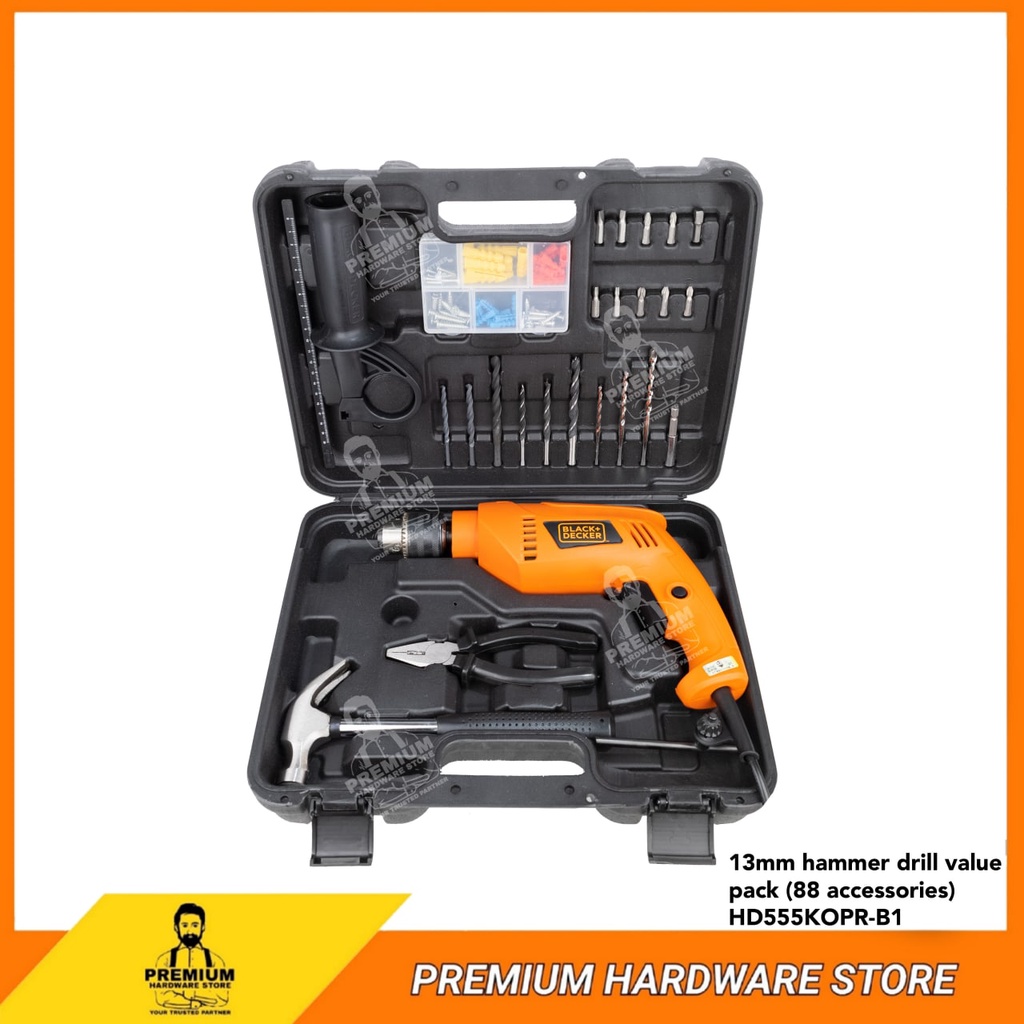 BLACK & DECKER Hammer Drill + Accessories Set HD555KOPR 13MM 550W Wood ...
