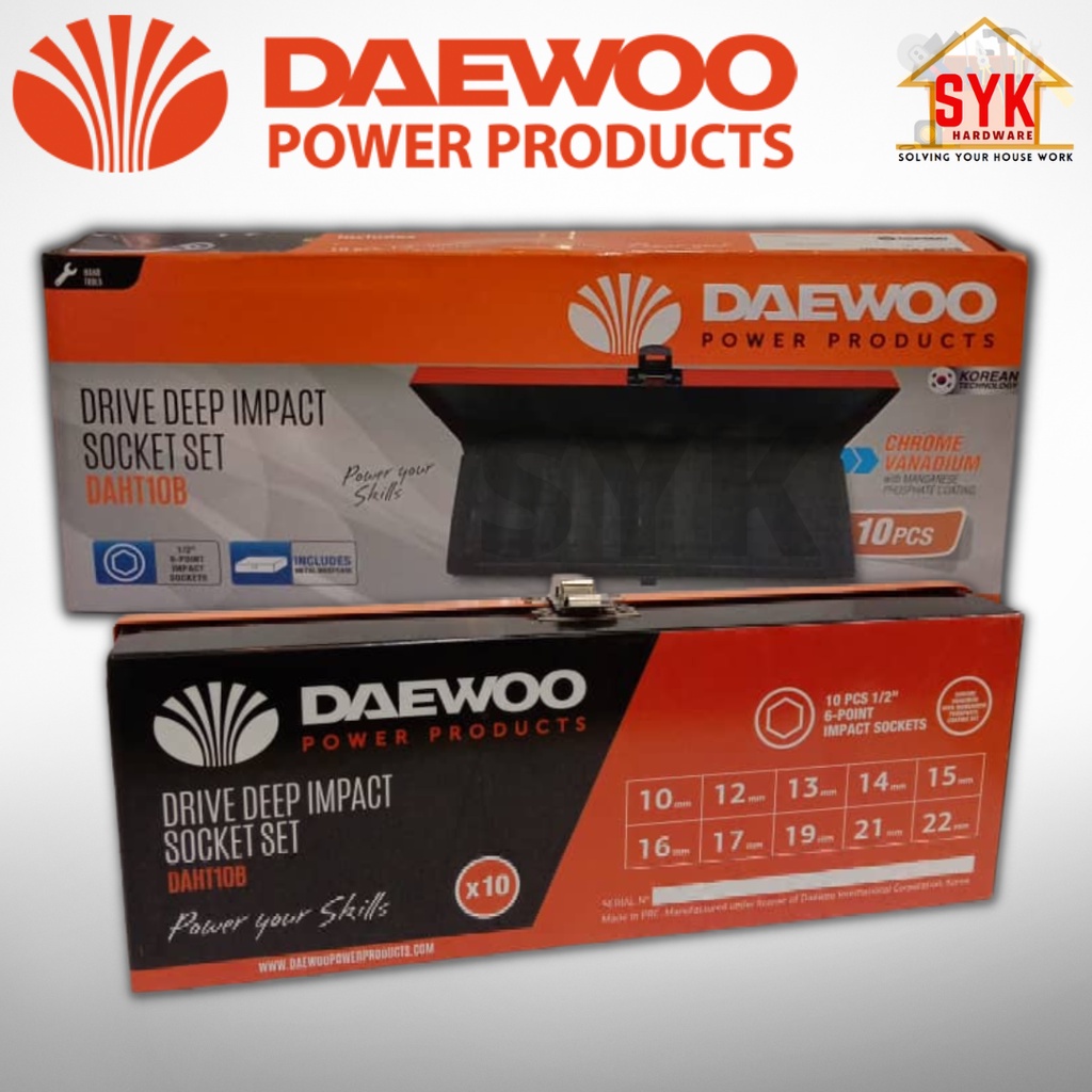 SYK DAEWOO DAHT10B 1/2" Box Impact Socket Long Set Box Socket Set ...