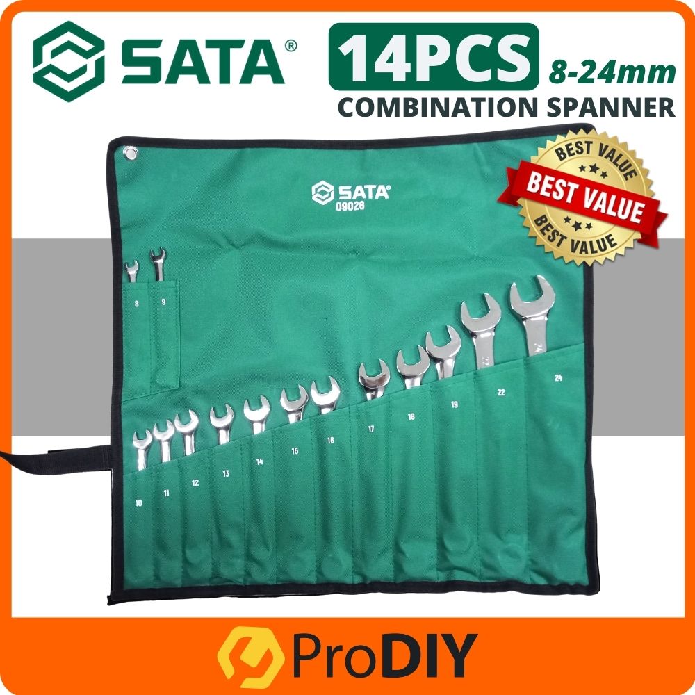 SATA 09026 14PCS Metric Combination Spanner Set 8-24mm with Roll-up ...