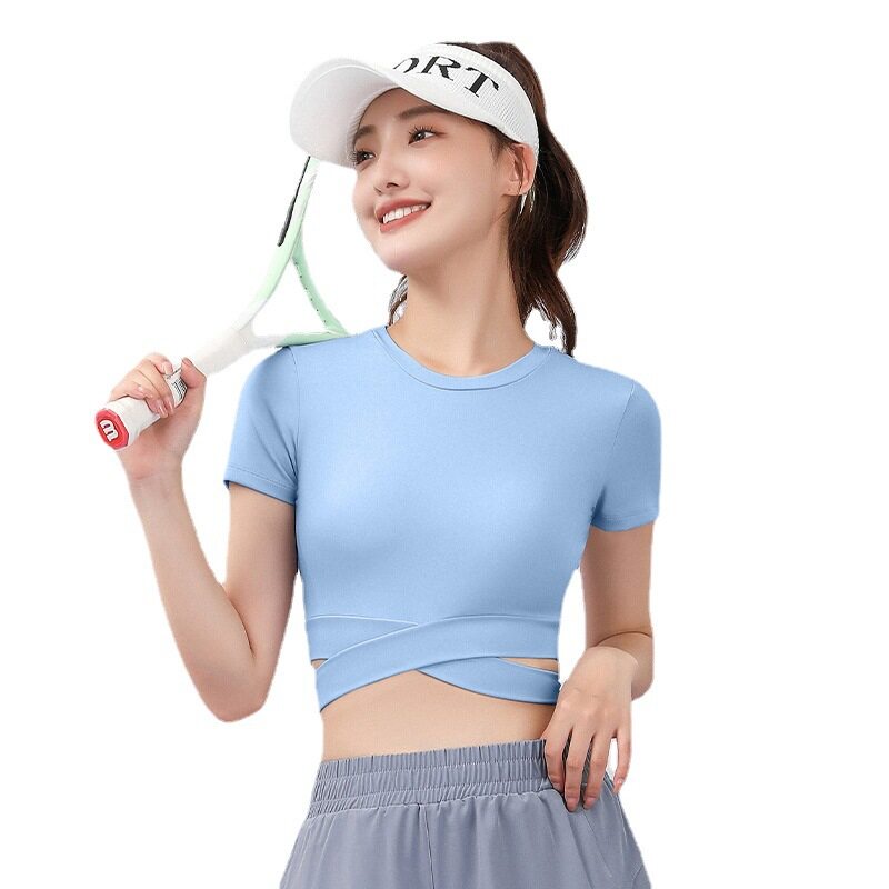 Women's Quick Dry Top Round Neck Cross Exposed Navel and Abdomen Sports ...