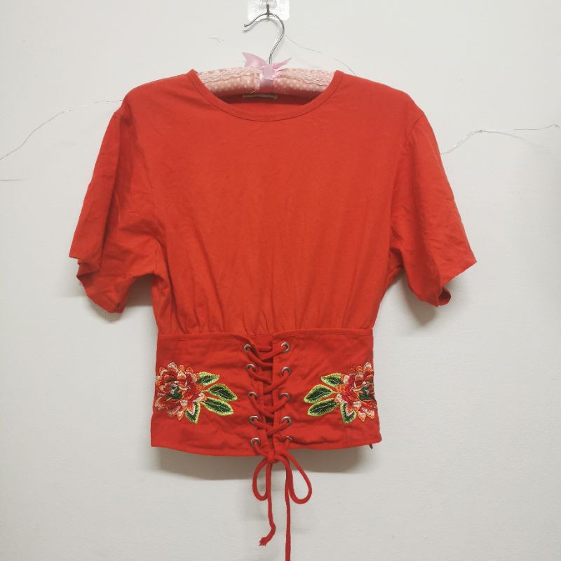 Loose CNY top with floral embroidery belt design | Shopee Malaysia