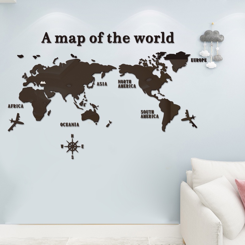 Large Size 3D Acrylic Wall Stickers World Map Three-Dimensional Office ...