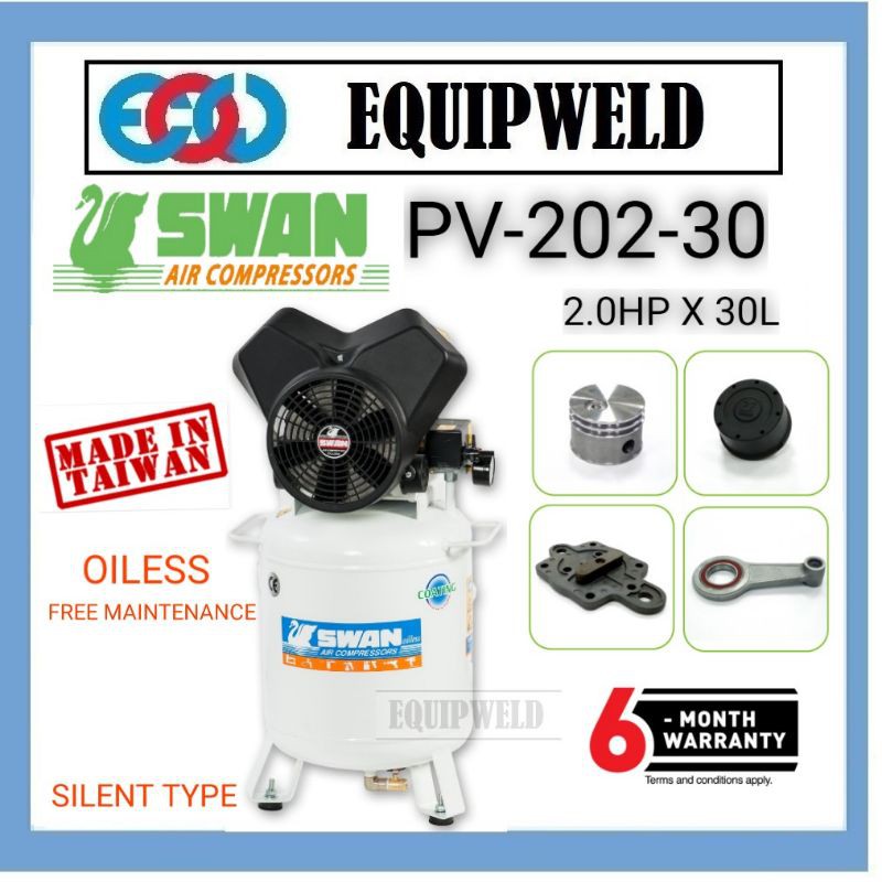 SWAN PV-202-30 OILESS AIR COMPRESSOR 2.0HP X 30 LITRE (SILENT) MADE IN ...
